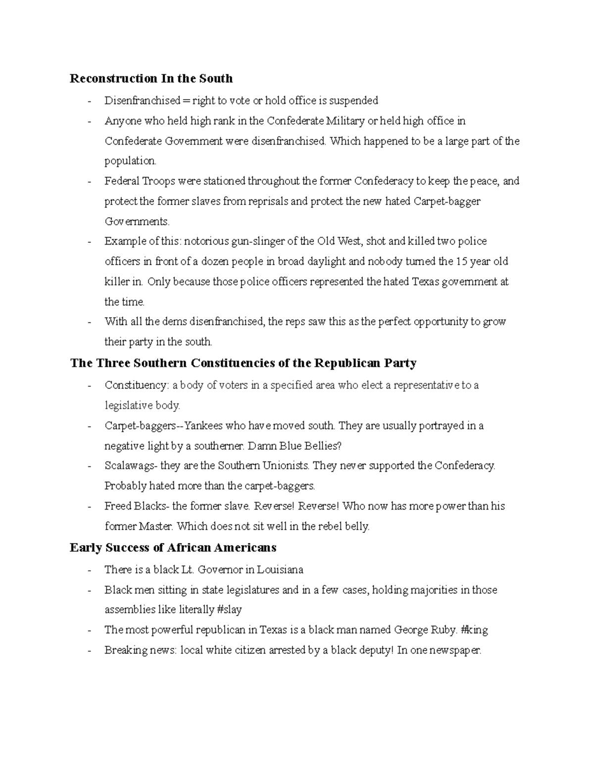 1.2 reconstruction and politics in the south - Reconstruction In the ...