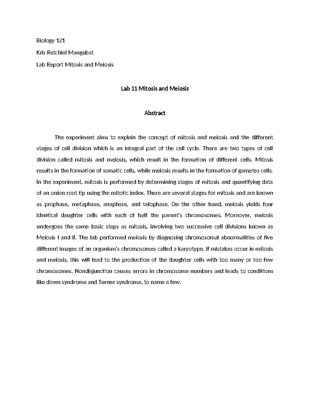 Lab Report Mitosis and Meiosis - Biology 121 Kris Retchiel Mangubat Lab ...