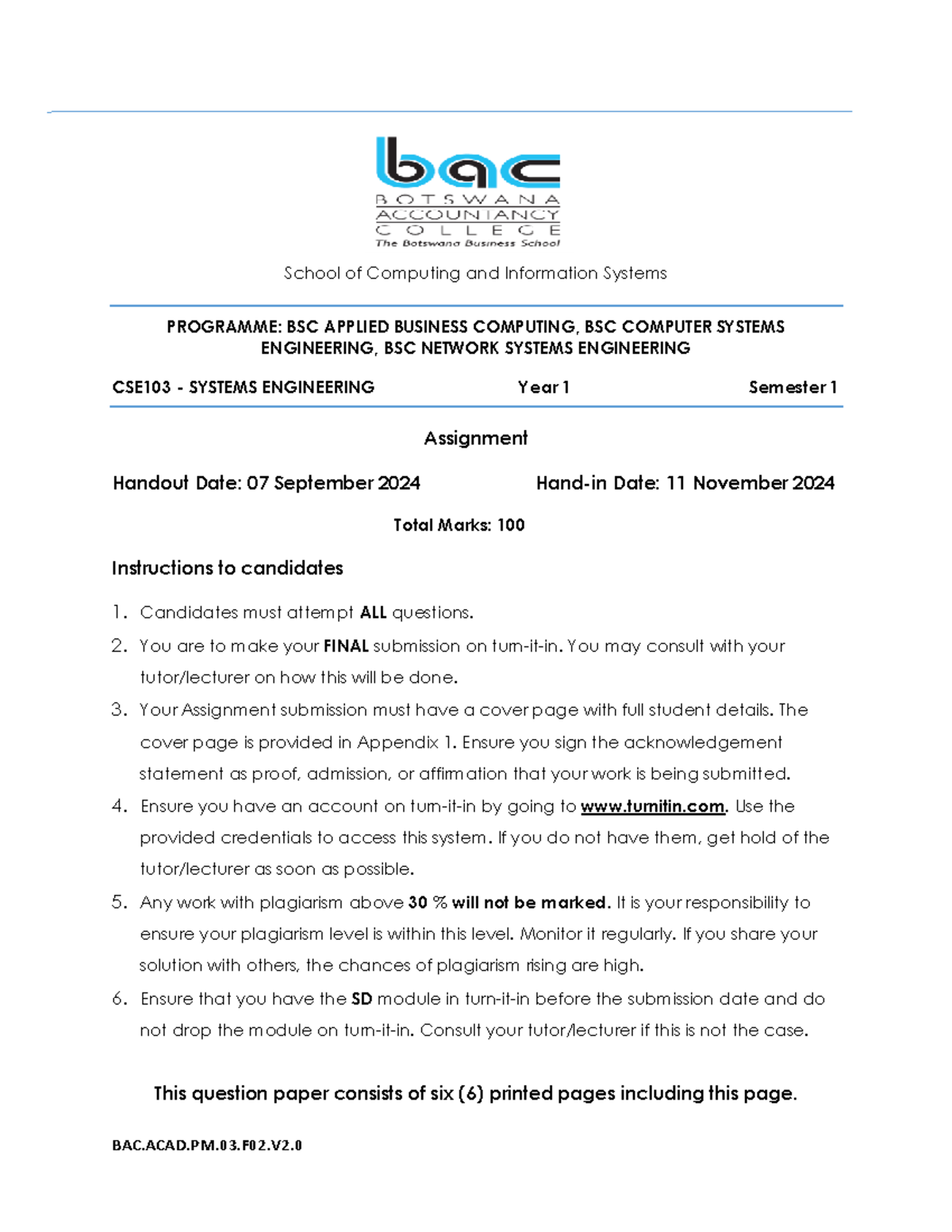 Systems Development Assignment Question Paper Sept 2024 - School of Computing and Information ...