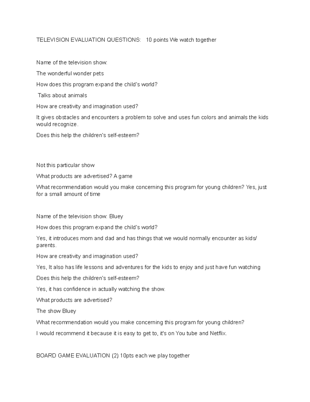 Child Development Evaluation 2023 - TELEVISION EVALUATION QUESTIONS: 10 ...