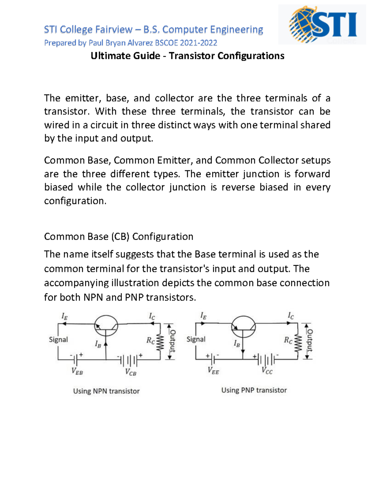 Ultimate Guide - Transistor Configurations - Prepared by Paul Bryan Alvarez BSCOE 2021- Ultimate ...