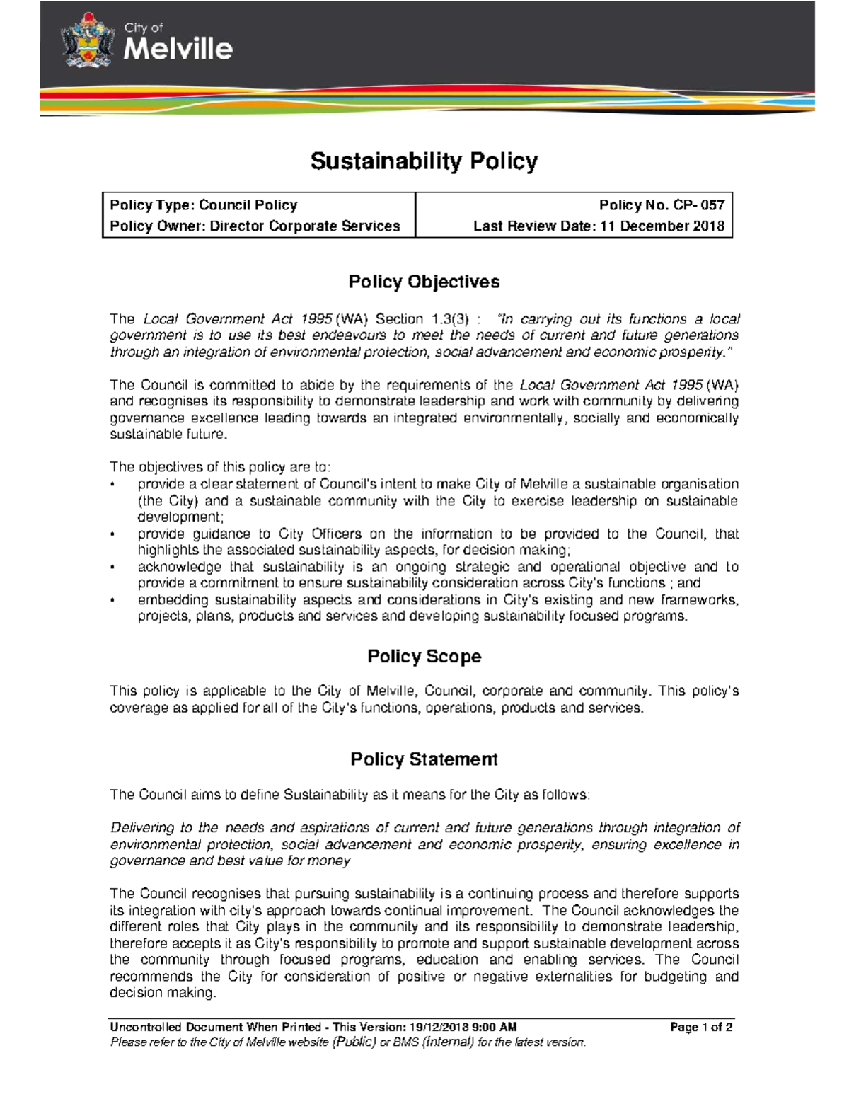 CP 057 Sustainability Policy - Uncontrolled Document When Printed ...