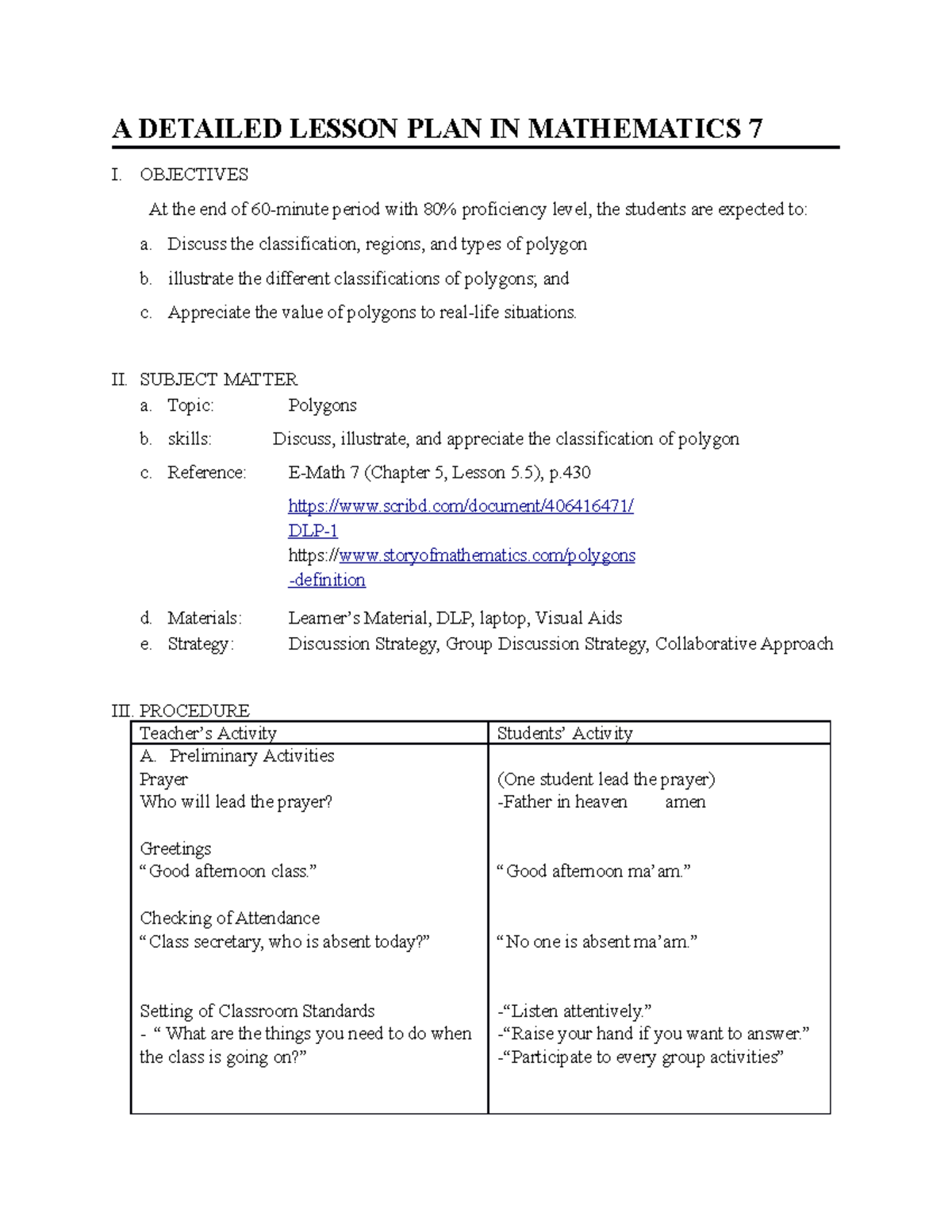Ate marj LP 7 Polygon - MARJ - A DETAILED LESSON PLAN IN MATHEMATICS 7 ...