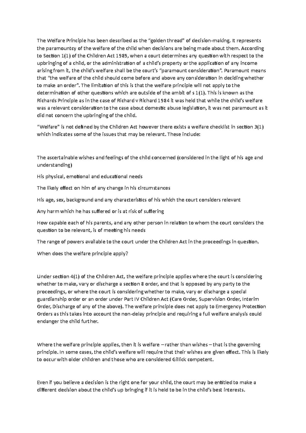 The Welfare Principle - It represents the paramountcy of the welfare of ...