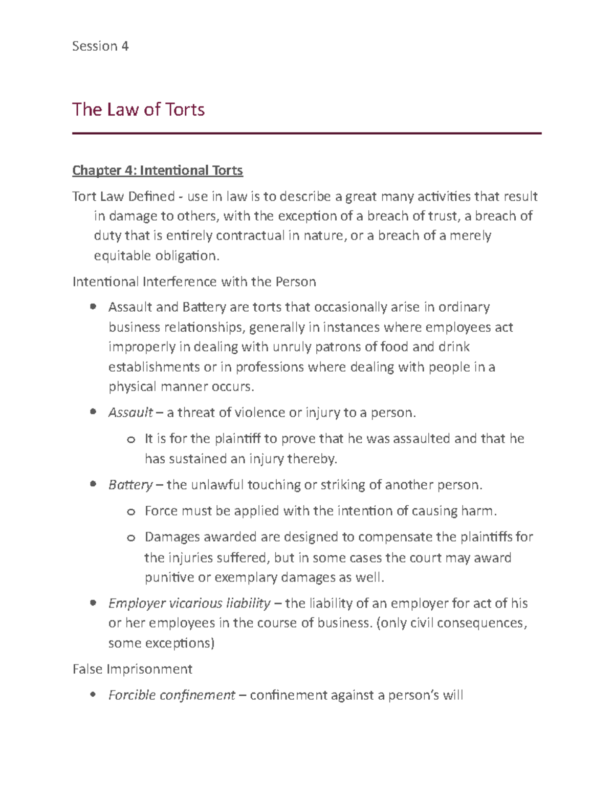 Notes - Chapter 4, 5, 6 - Session 4 The Law of Torts Chapter 4 ...