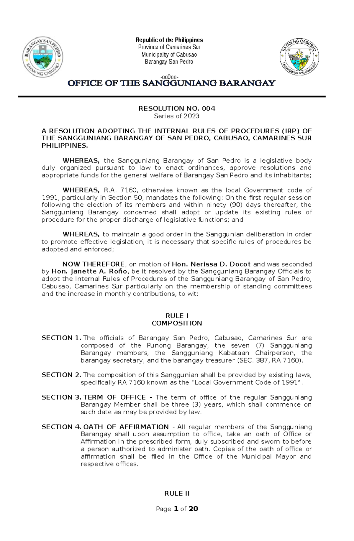 Internal Rules and Procedures - Republic of the Philippines Province of ...