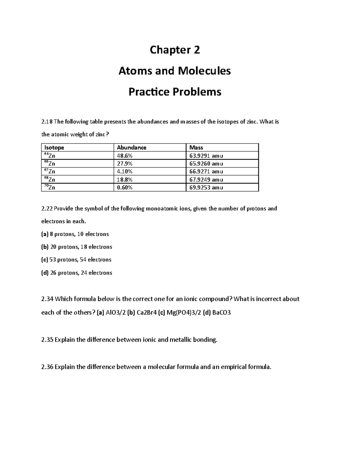Chapter 2 Practice Problems - Chapter 2 Atoms and Molecules Practice ...