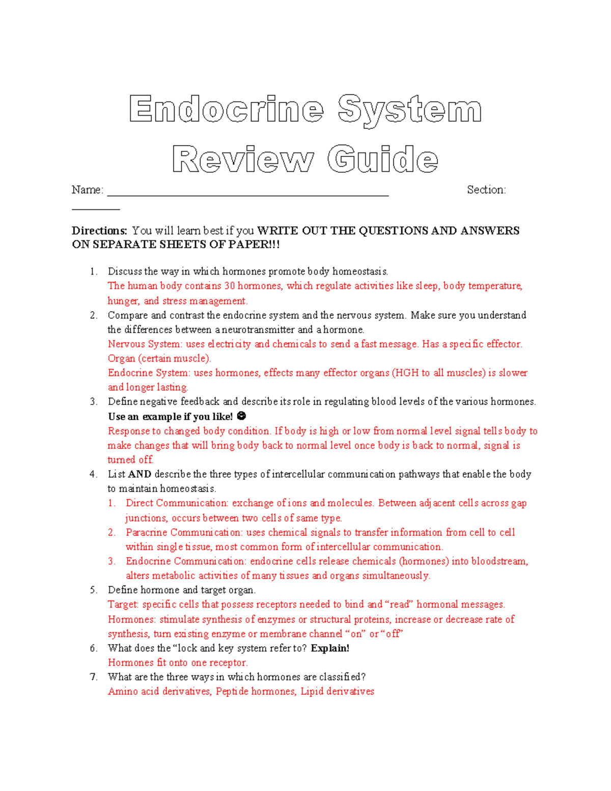 1 Endocrine System Review Guidemw 2021 - Name