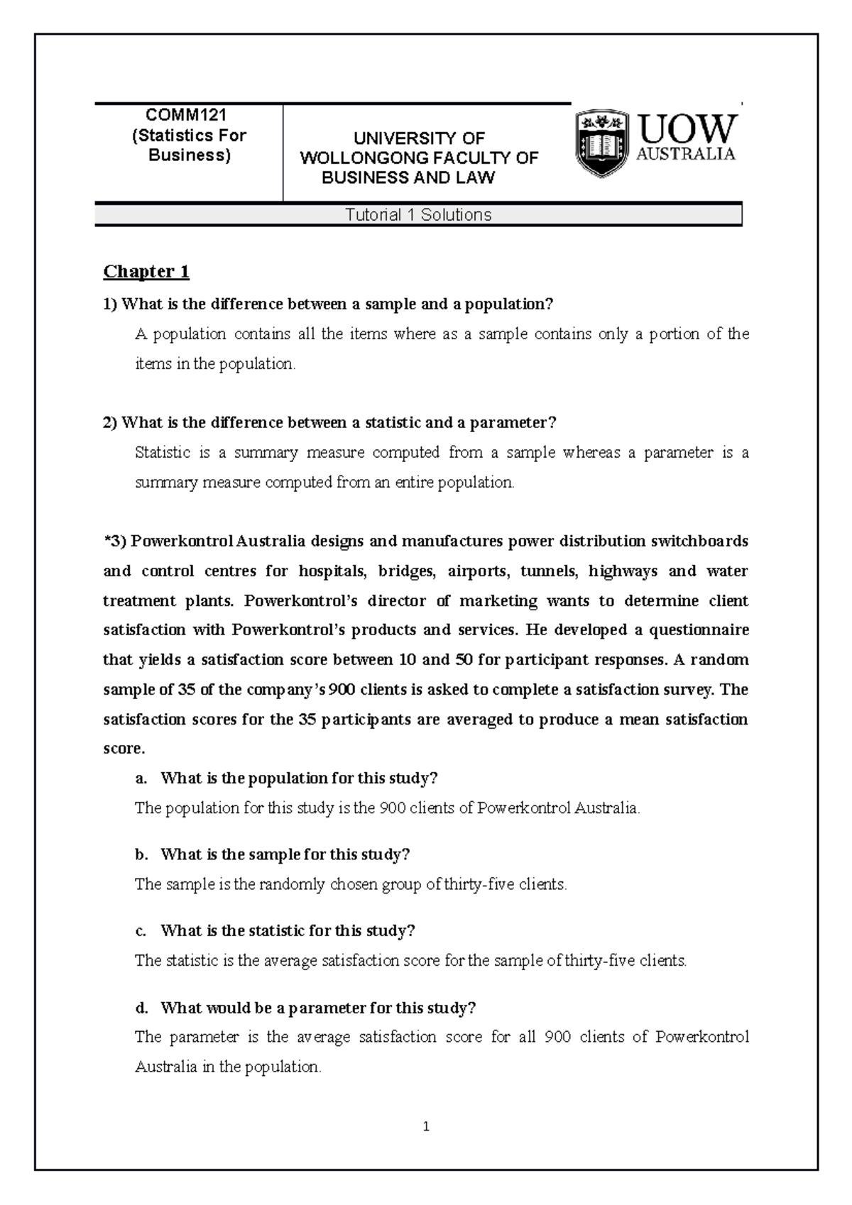 COMM121 T01 Solutions ch 1-3 - COMM (Statistics For Business ...