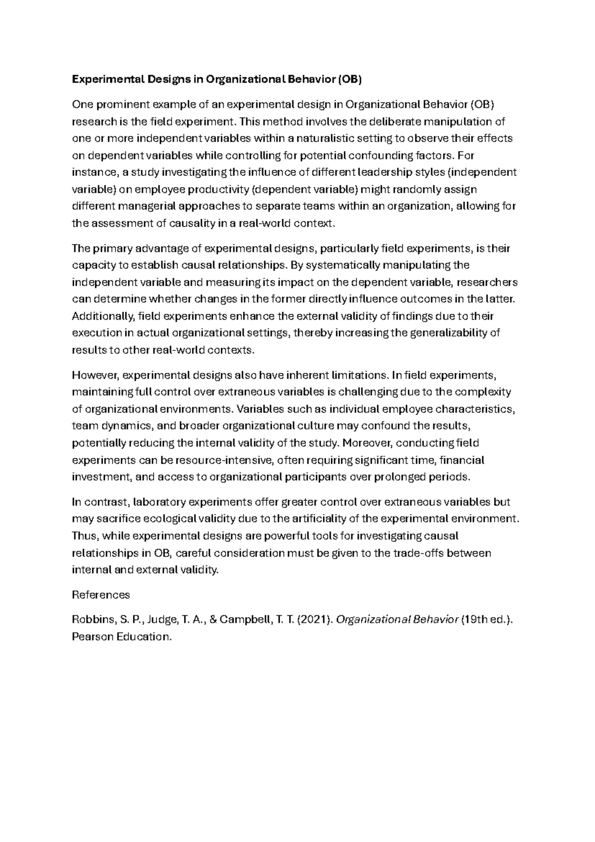 SONA mini essays - Experimental Designs in Organizational Behavior (OB ...