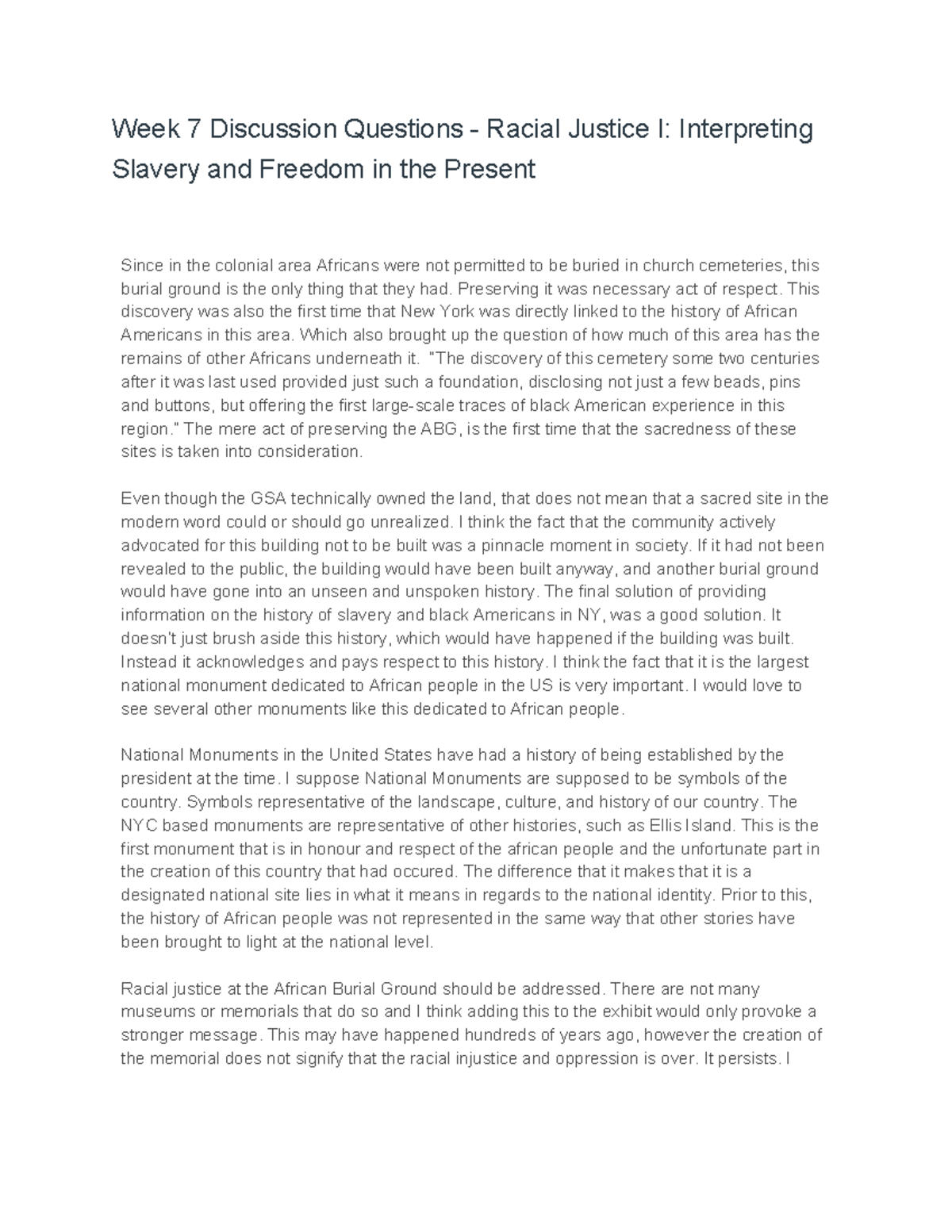 Week 7 Discussion Questions - Racial Justice I Interpreting Slavery and ...