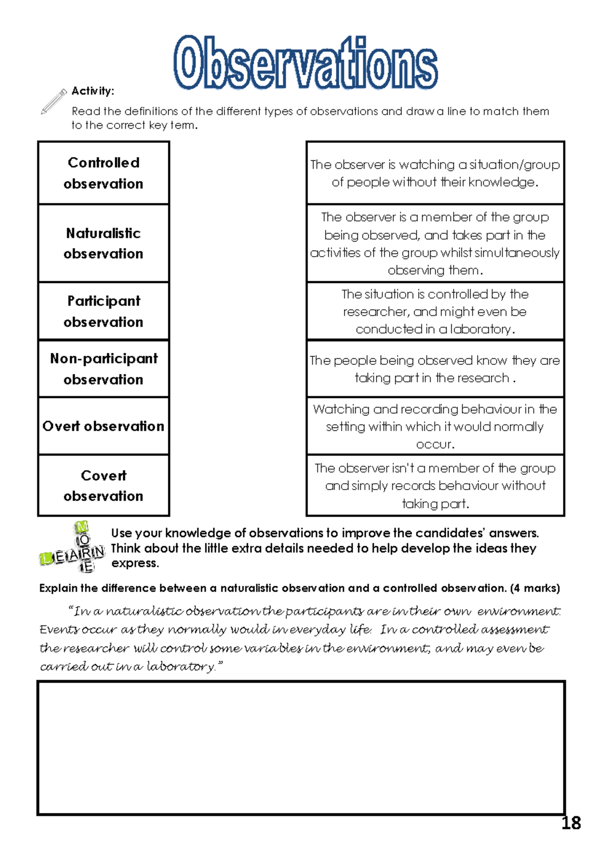 Observations worksheets - Controlled observation The observer is ...