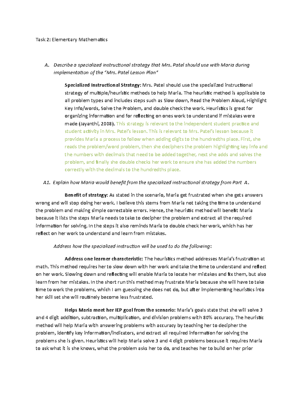 D006 Instructional Strategies Elementary Task 2 Elementary Mathematics ...
