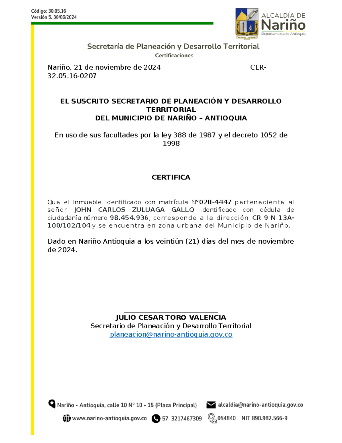CER-32.05.16–0207 Certificado Nomenclatura JOHN Carlos Zuluaga Gallo ...
