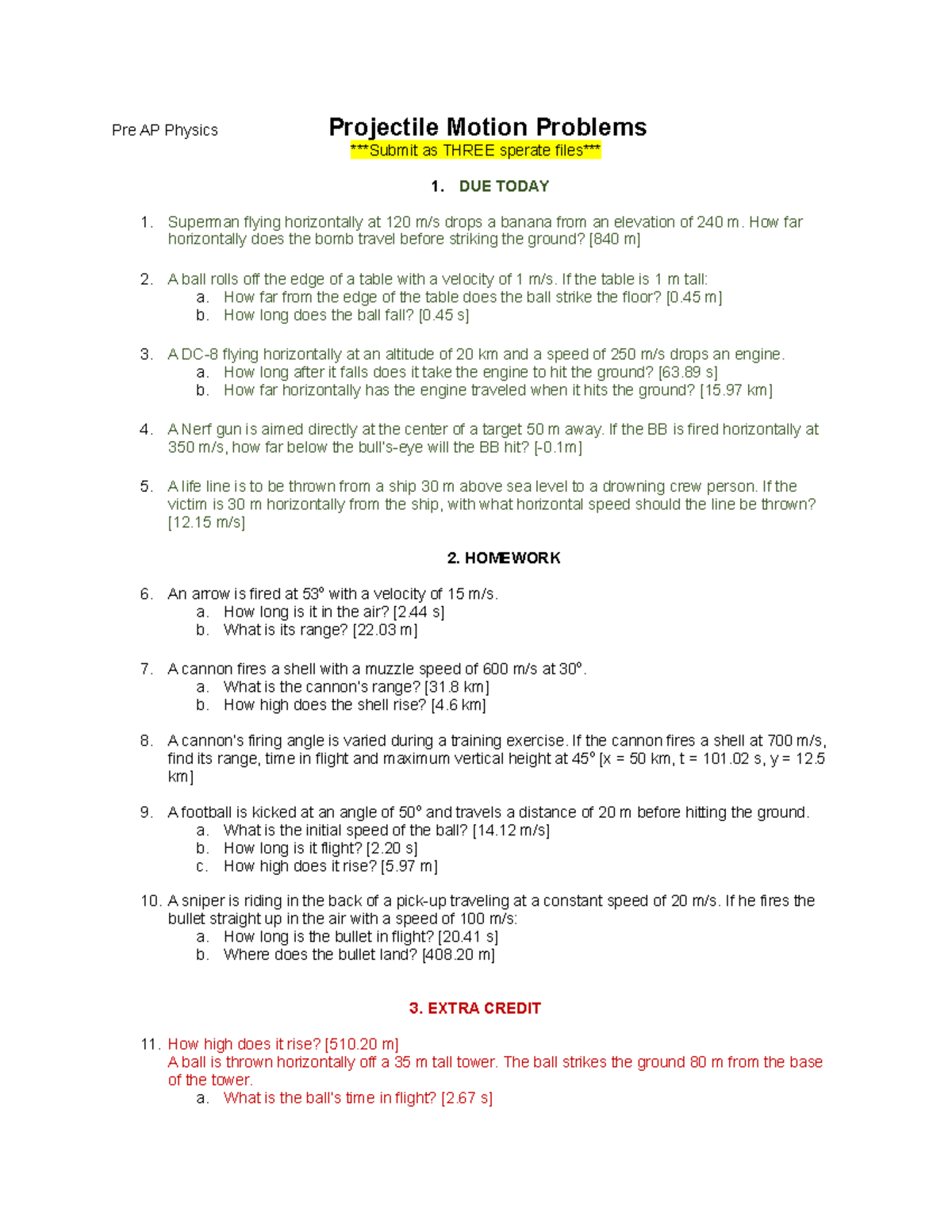 PAP Projectile Motion Problems V 3 - Pre AP Physics Projectile Motion ...