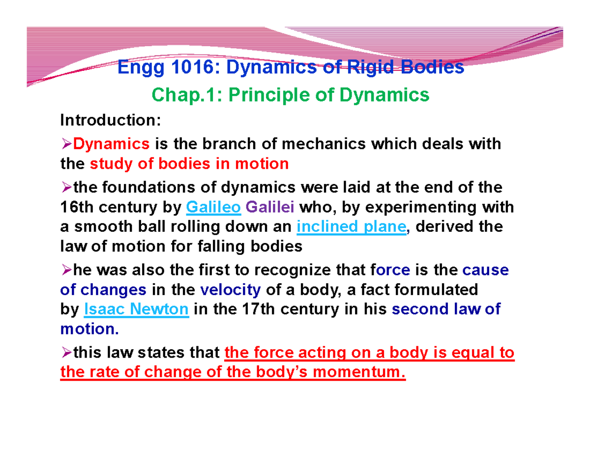 Chapter 1- principle of dynamics - Engg 1016: Dynamics of Rigid Bodies ...