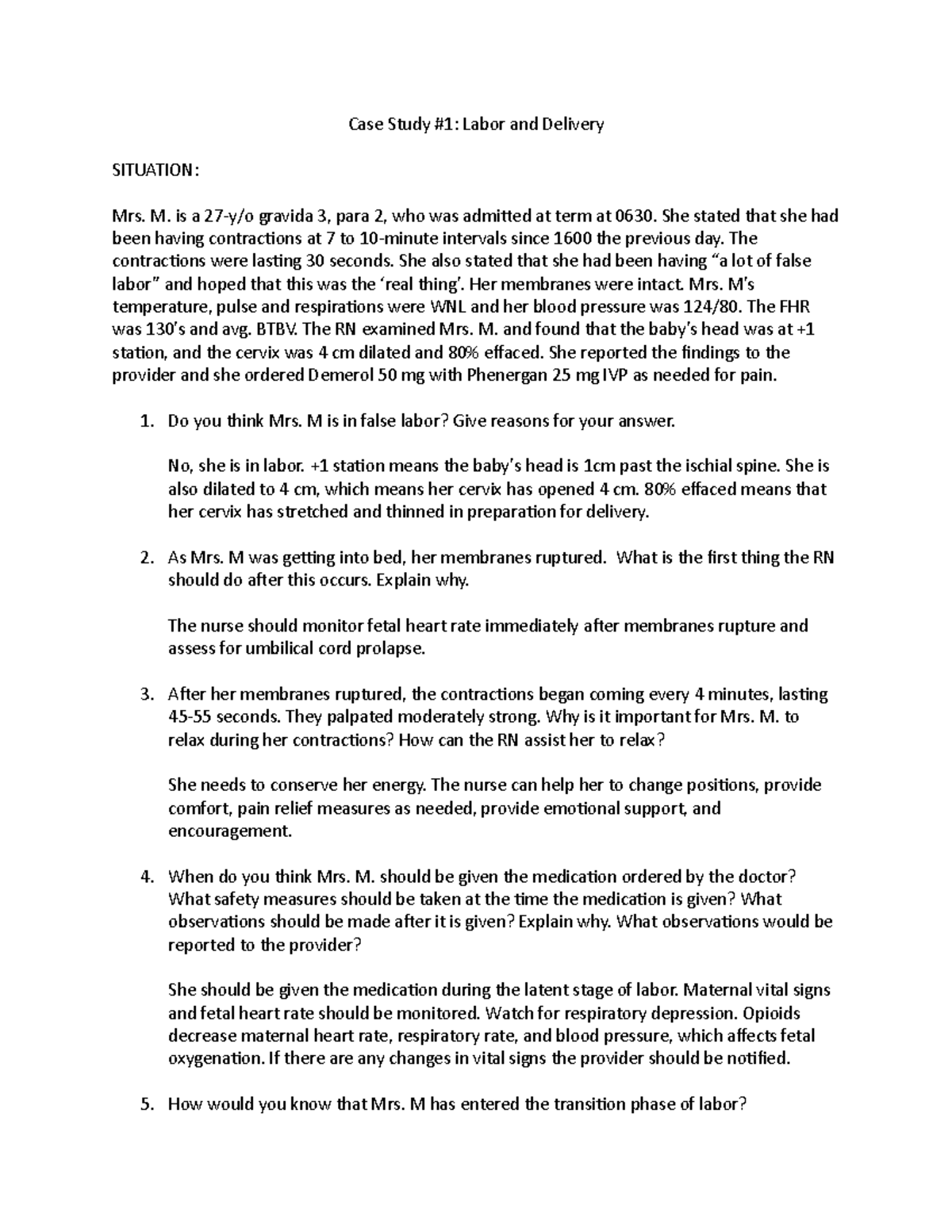 Maternal Child Labor And Delivery Case Study Case Study 1 Labor And