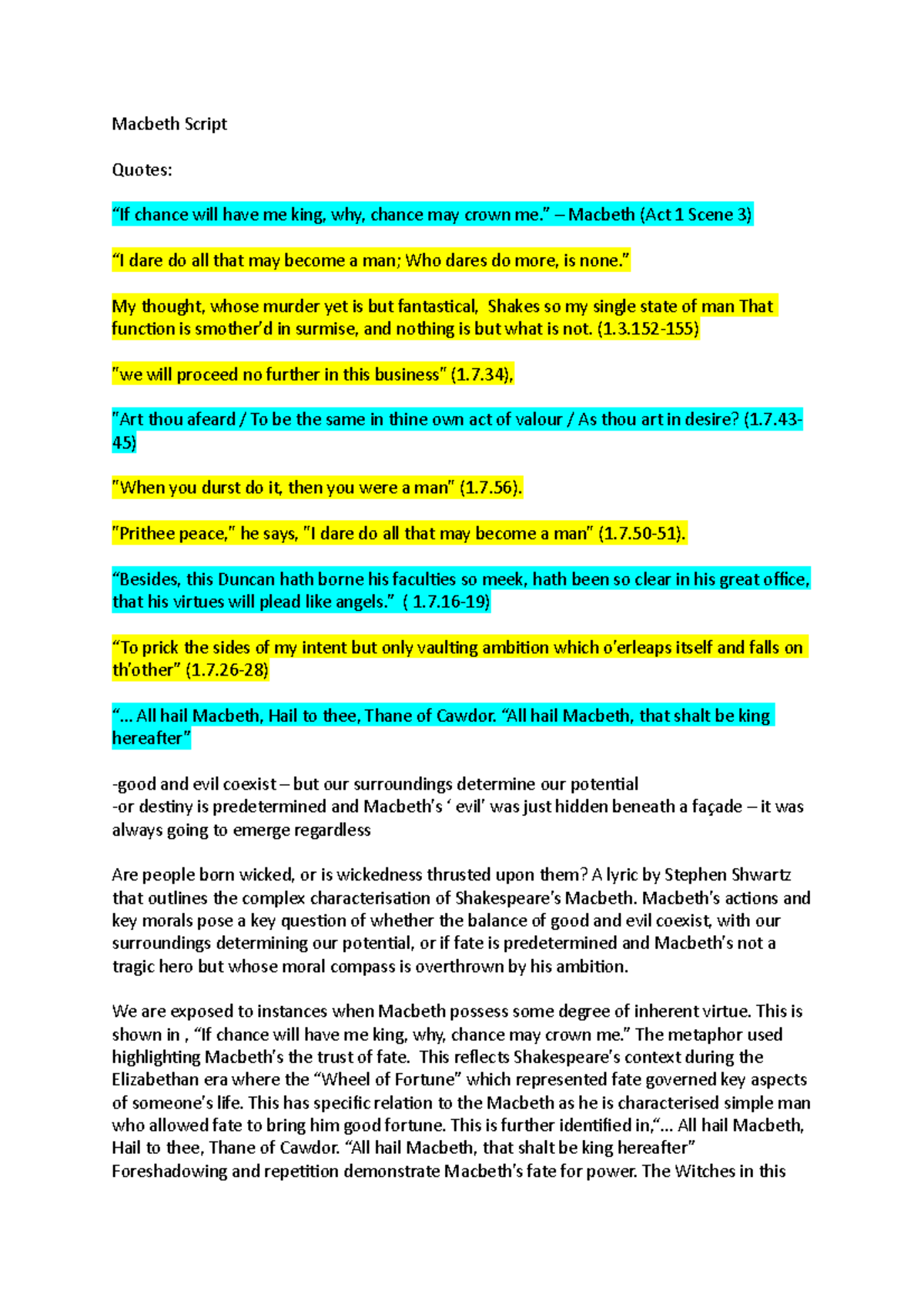 Macbeth Script - eh - Macbeth Script Quotes: “If chance will have me ...