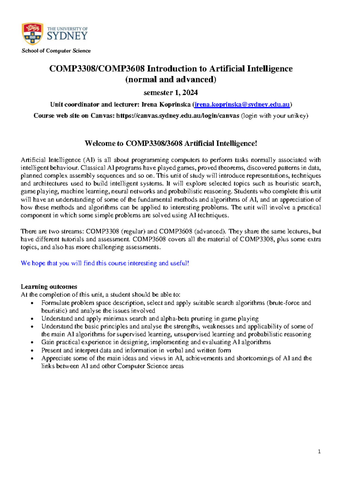 AI unit outline 2024 detailed - School of Computer Science COMP3308/COMP3608 Introduction to ...