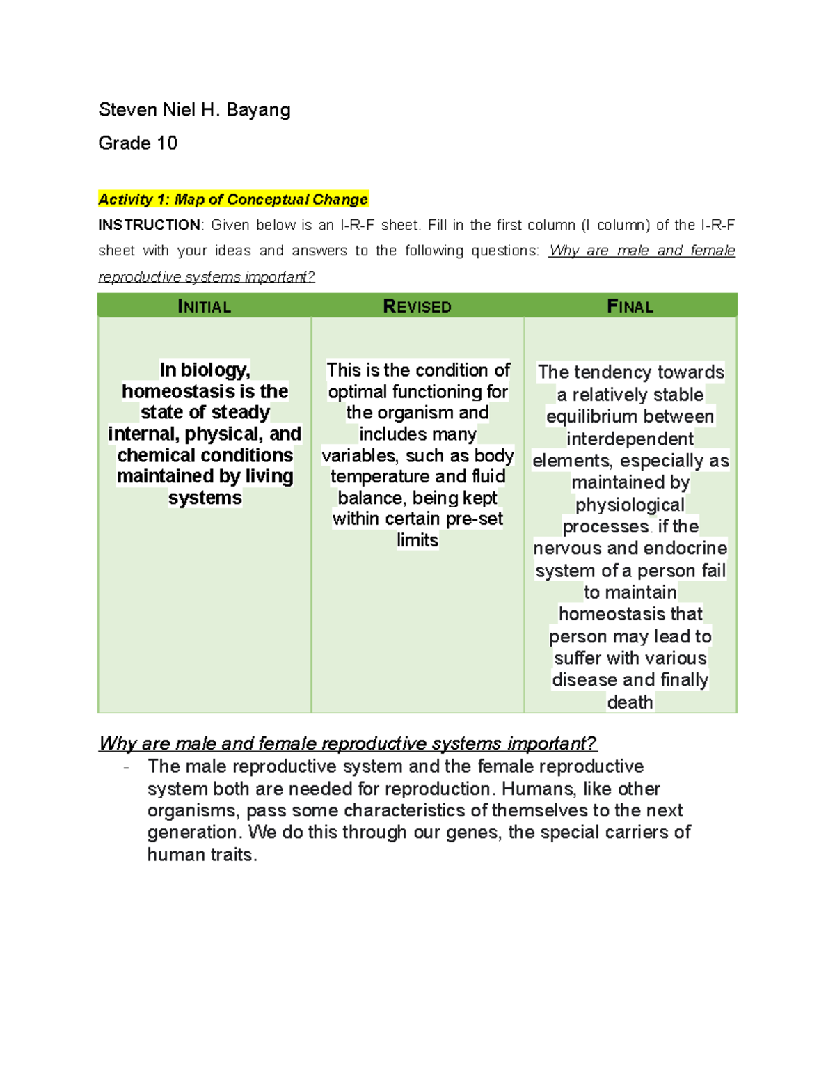 Science 10 - none - Steven Niel H. Bayang Grade 10 Activity 1: Map of ...