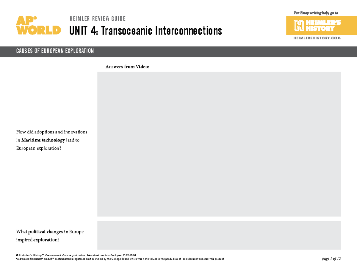 AP World HRG Unit 4 Noteguide - © Heimler’s History TM Please do not ...