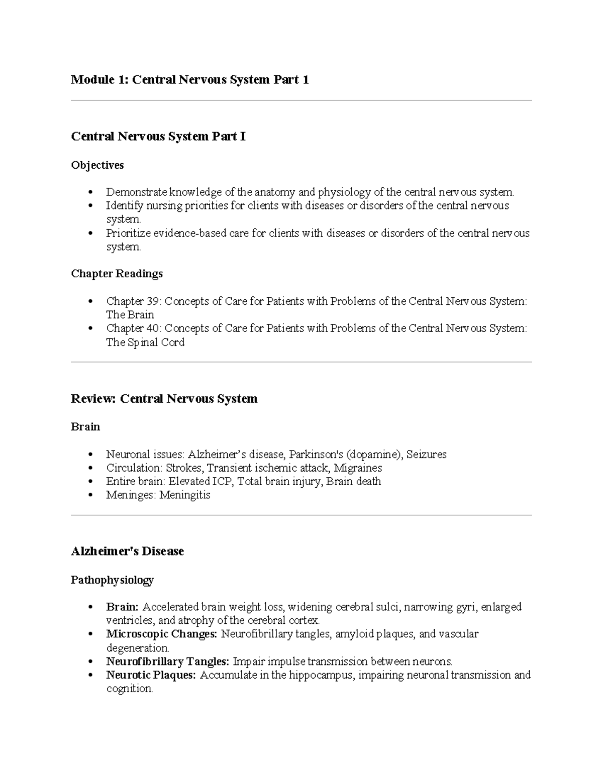 M1 CNS Part 1 Notes - Module 1: Central Nervous System Part 1 Central ...