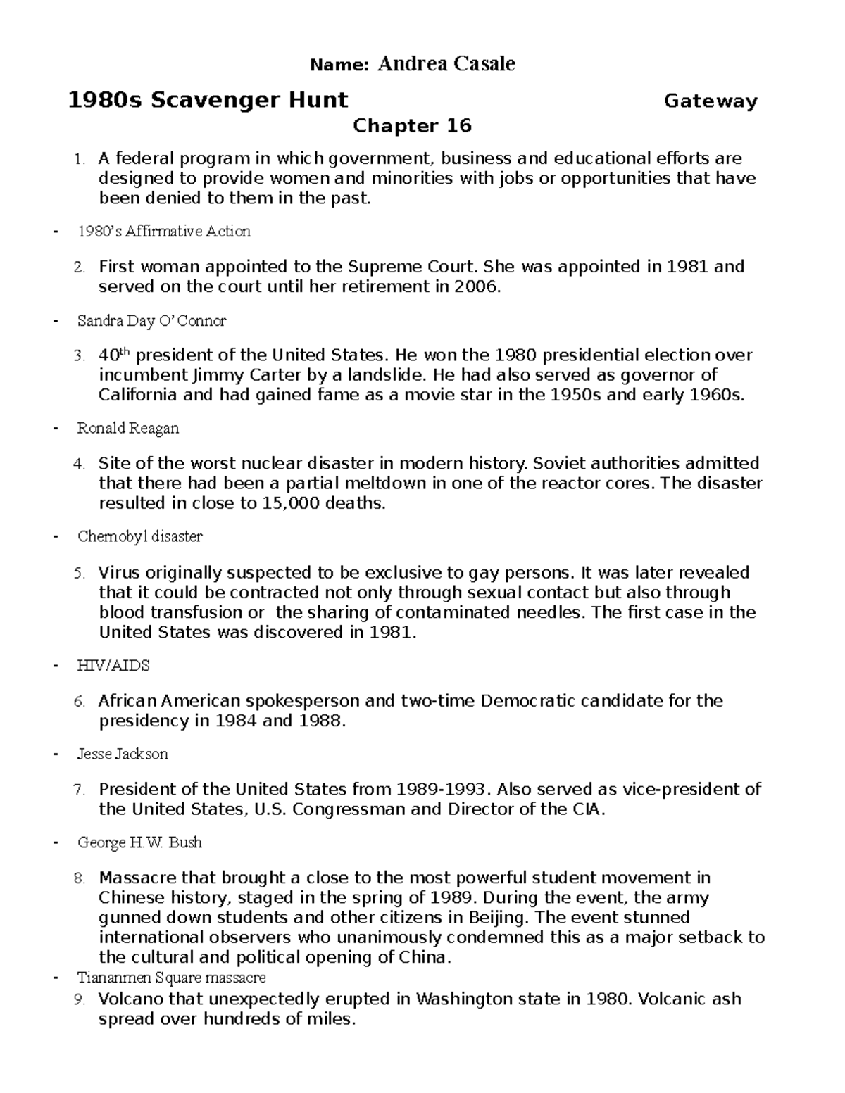 1980s Scavenger Hunt-1 - Name: Andrea Casale 1980s Scavenger Hunt ...