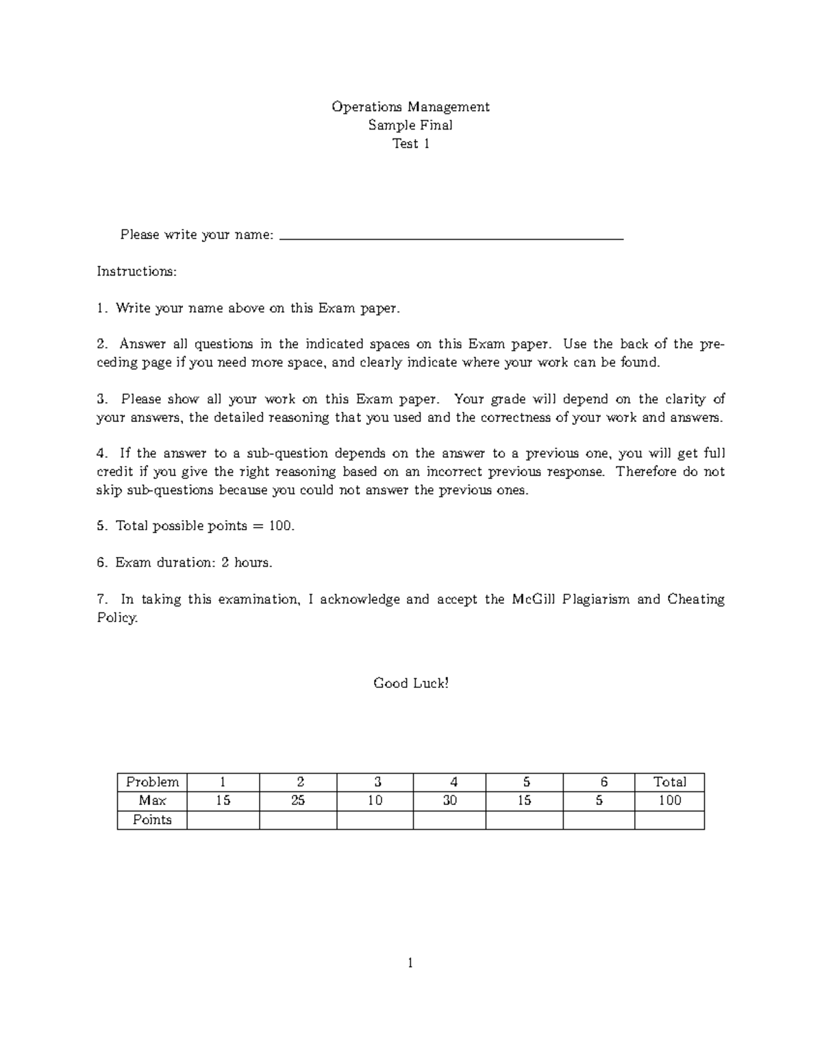 Practice Final 1 - Operations Management Sample Final Test 1 Please ...