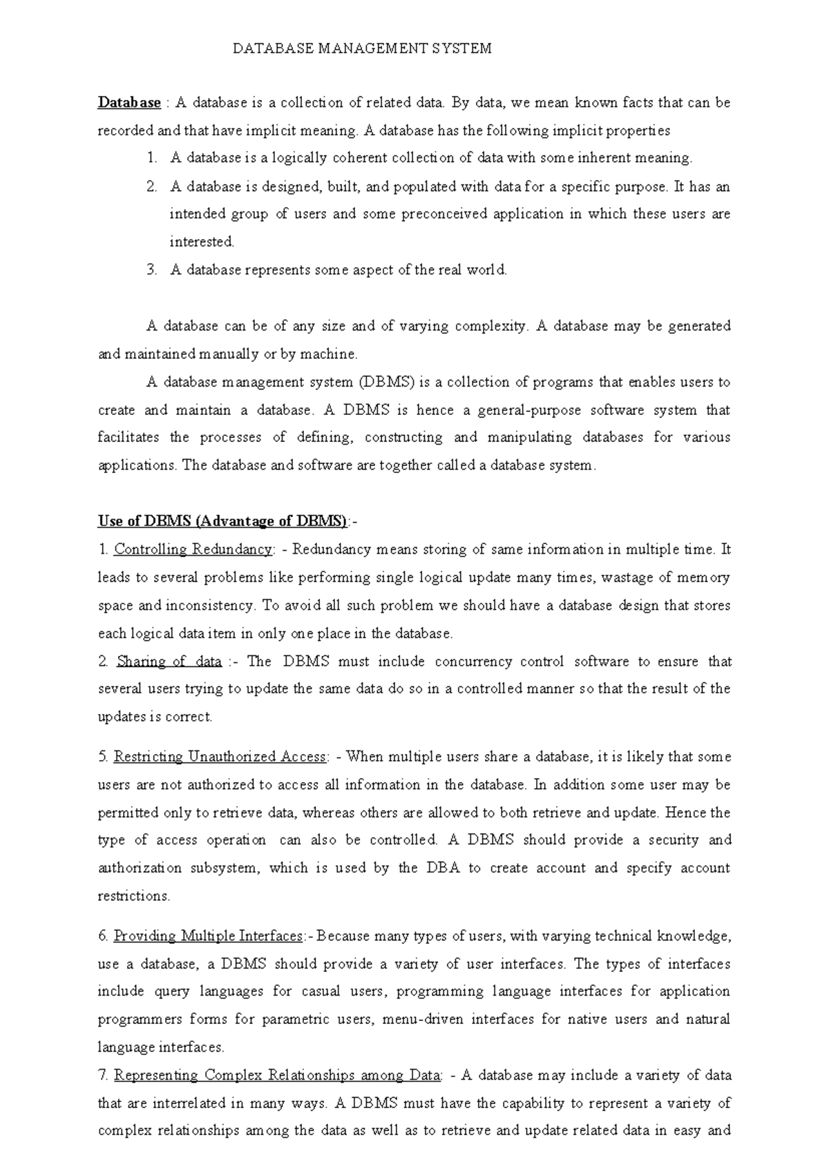 Dbms notes - DATABASE MANAGEMENT SYSTEM Database : A database is a ...