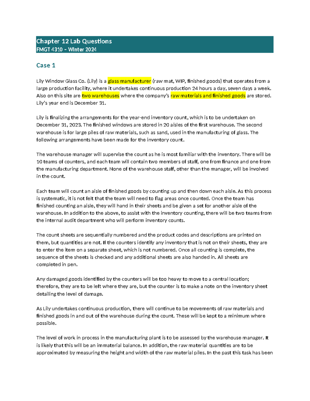 Chapter 12 Lab Questions - Chapter 12 Lab Questions FMGT 4310 – Winter ...