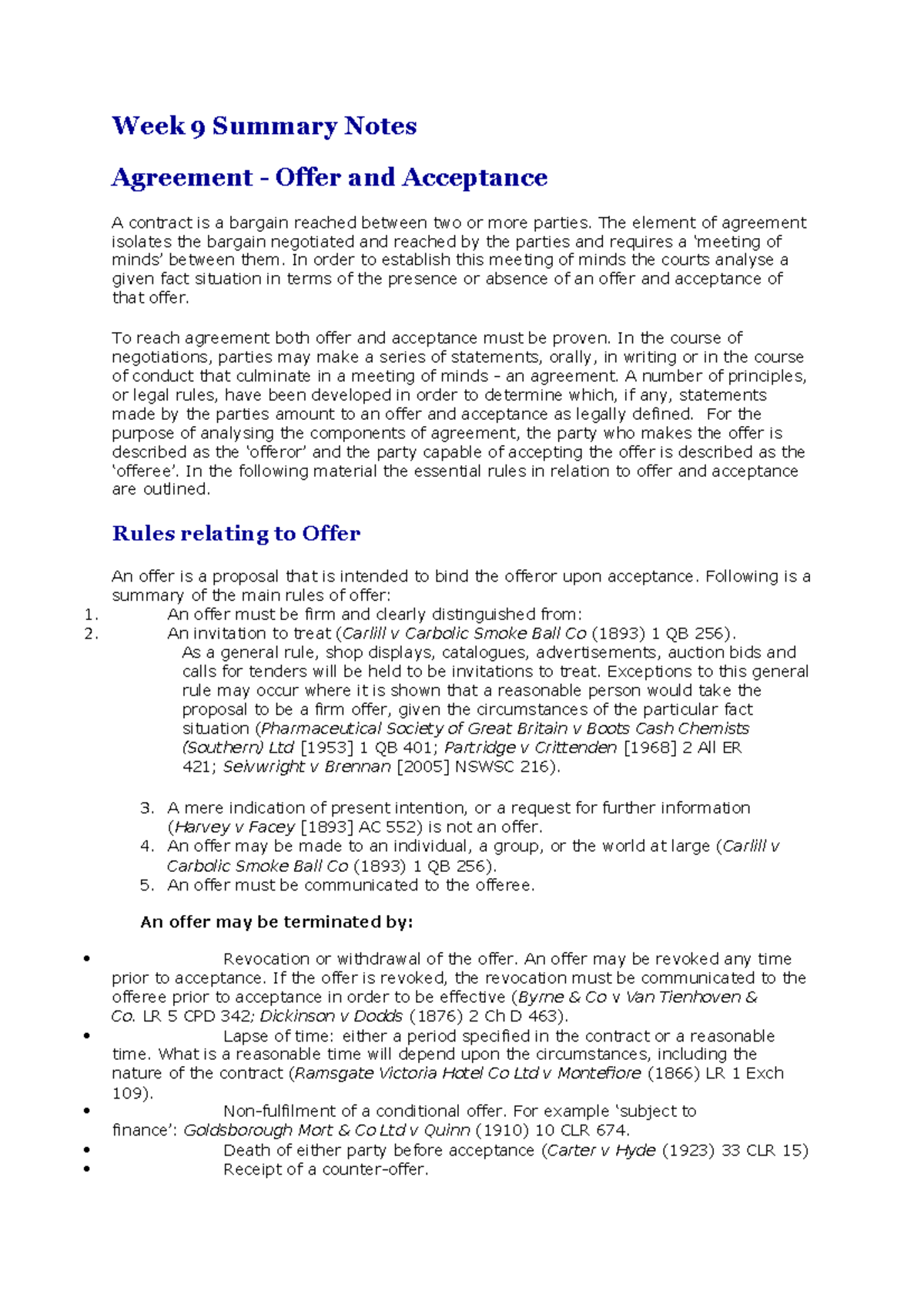WK 9 Summary of Offer and Acceptance Rules - Week 9 Summary Notes ...