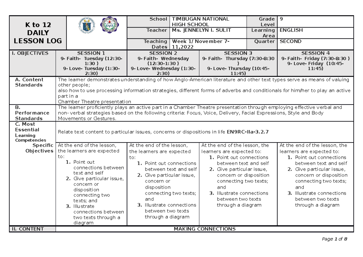 DLL 9 2 1 - dll - K to 12 DAILY LESSON LOG School TIMBUGAN NATIONAL HIGH SCHOOL Grade Level 9 ...