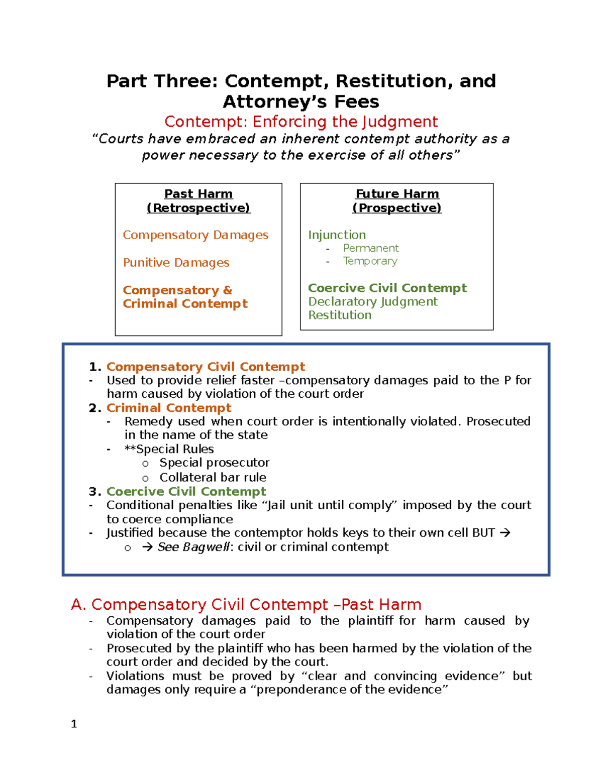 "Remedies" outline - Part Three: Contempt, Restitution, and Attorney’s ...