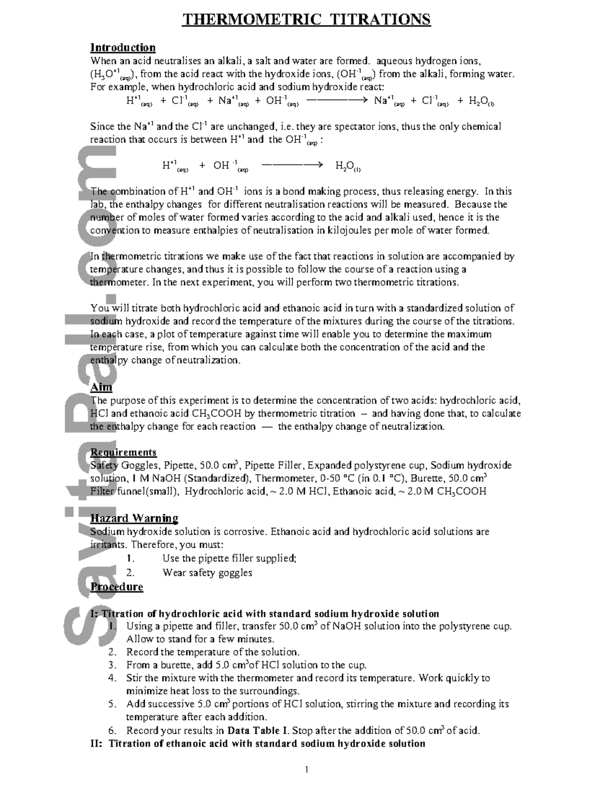 Thermometric Titrations - THERMOMETRIC TITRATIONS Introduction When an ...