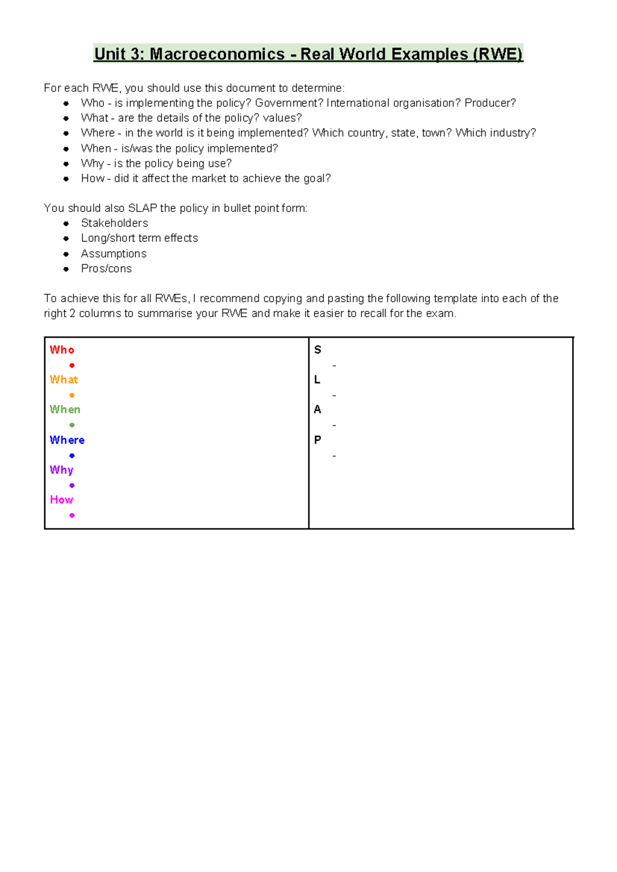 Unit 3 Macroeconomics - Real World Examples (RWE) - Who What When Where ...