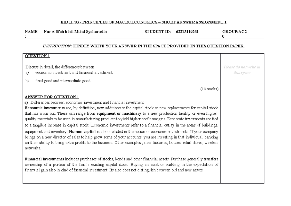 Short Answer Assignment 1 - EIB 11703 - PRINCIPLES OF MACROECONOMICS ...