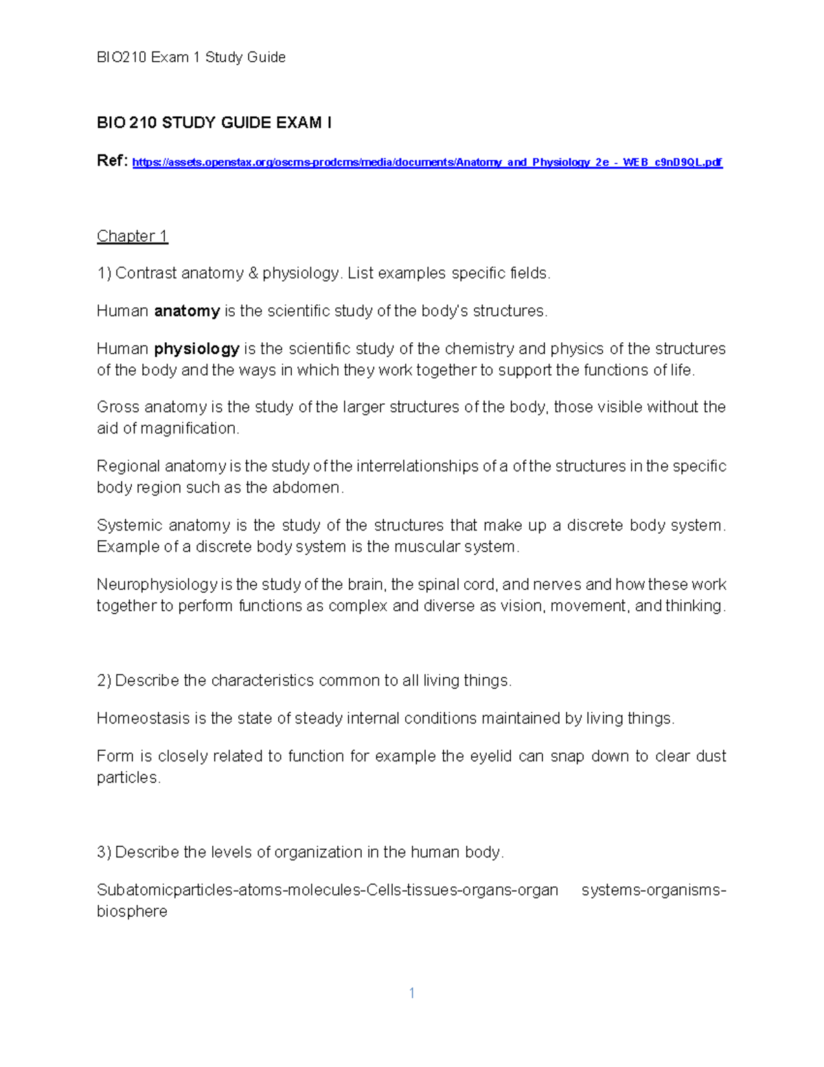 BIO210 Exam1 Study Guide Chapters 1,2,3,4 - BIO 210 STUDY GUIDE EXAM I ...