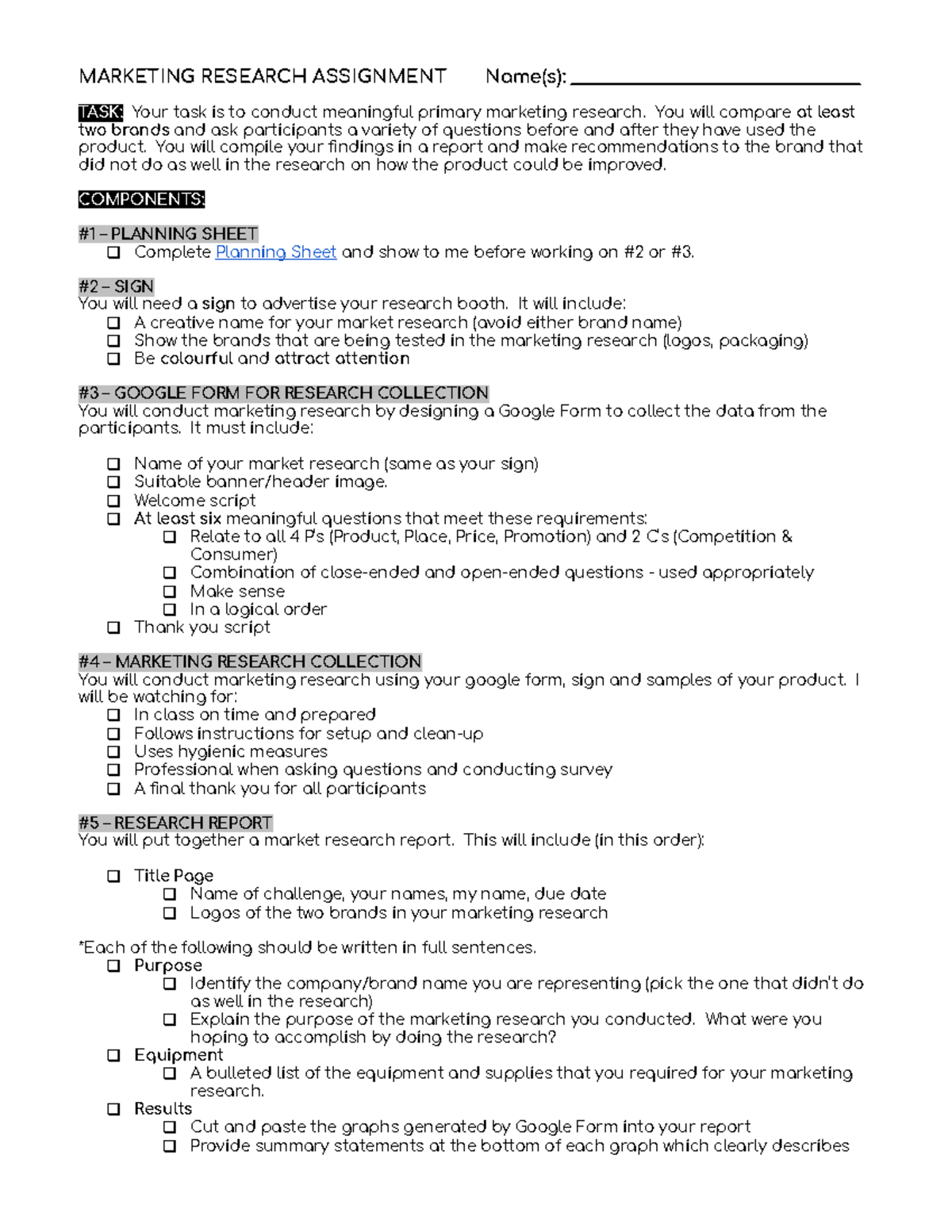 Marketing Research Assignment - MARKETING RESEARCH ASSIGNMENT Name(s ...