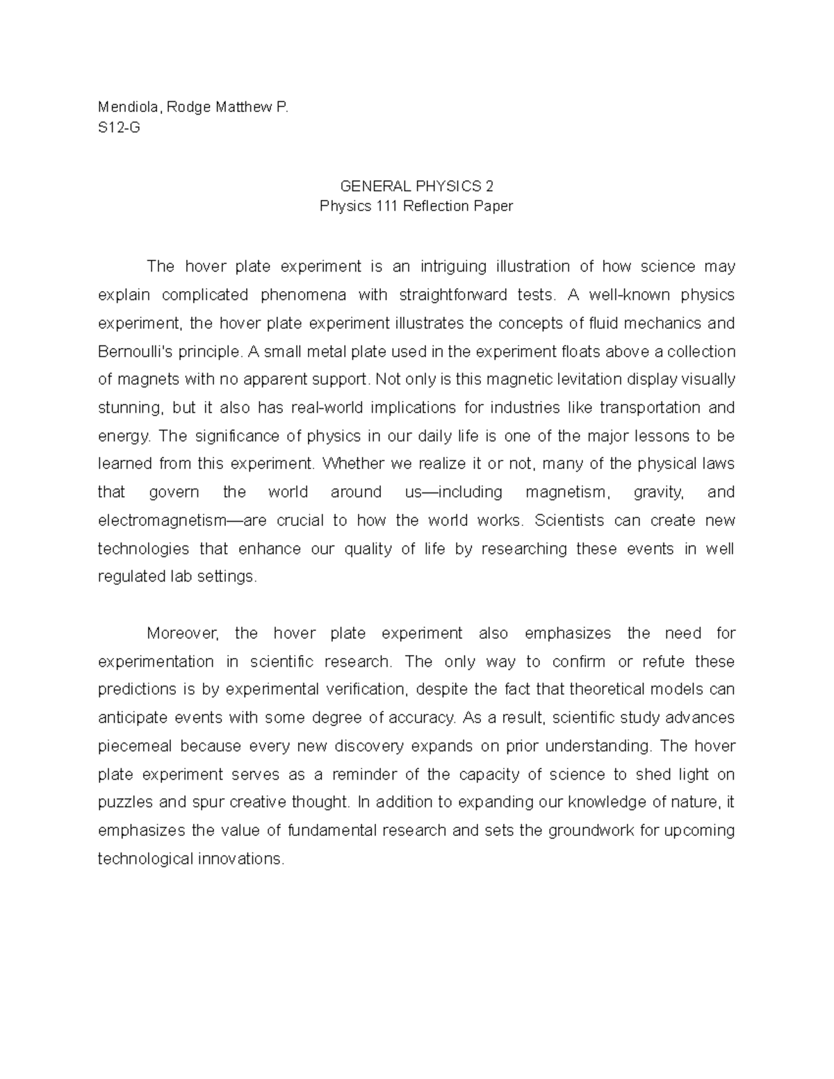 Reflection paper - Mendiola, Rodge Matthew P. S12-G GENERAL PHYSICS 2 ...