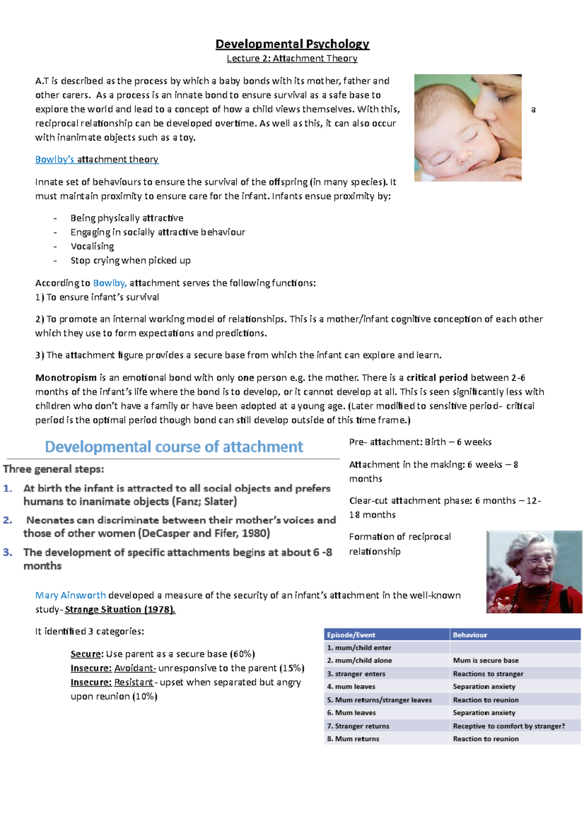 Lecture 2 - Developmental Psychology Lecture 2: Attachment Theory A is ...