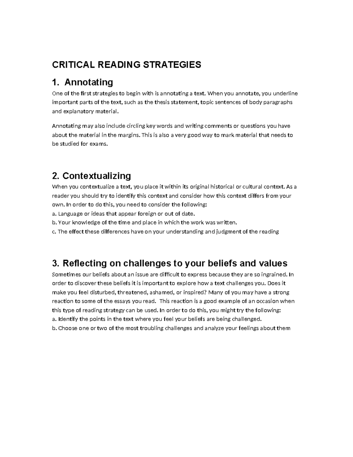 21st reviewer - CRITICAL READING STRATEGIES 1. Annotating One of the first strategies to begin ...