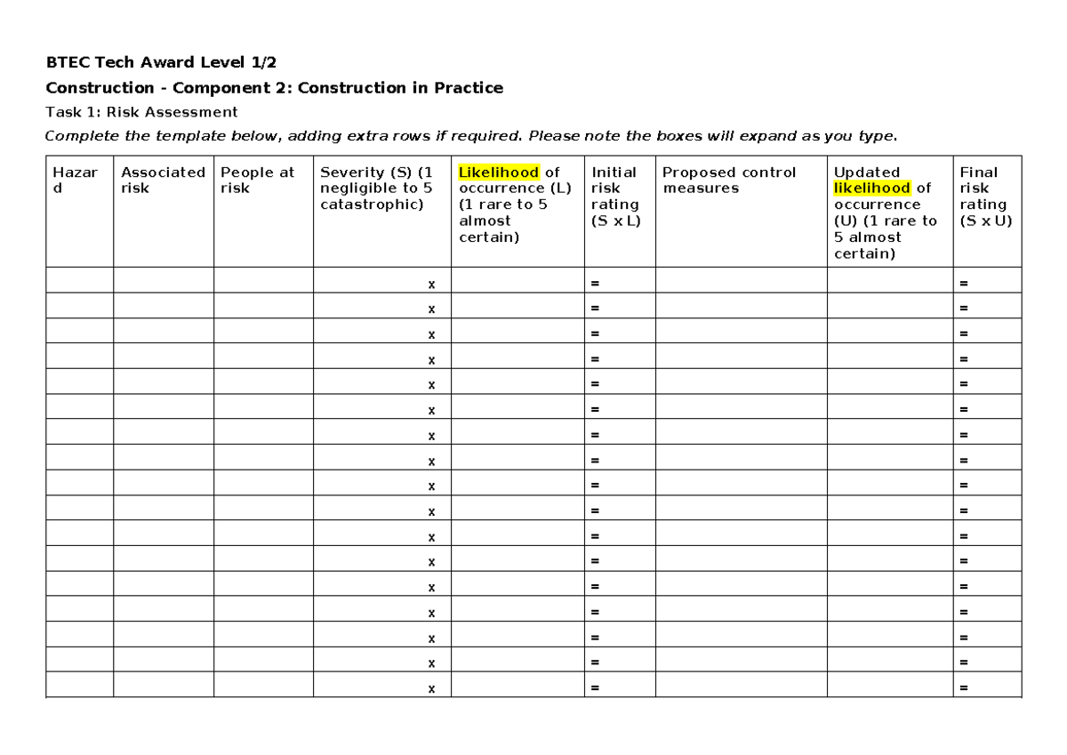 Construction Risk Assessment Template Mihai - BTEC Tech Award Level 1 ...