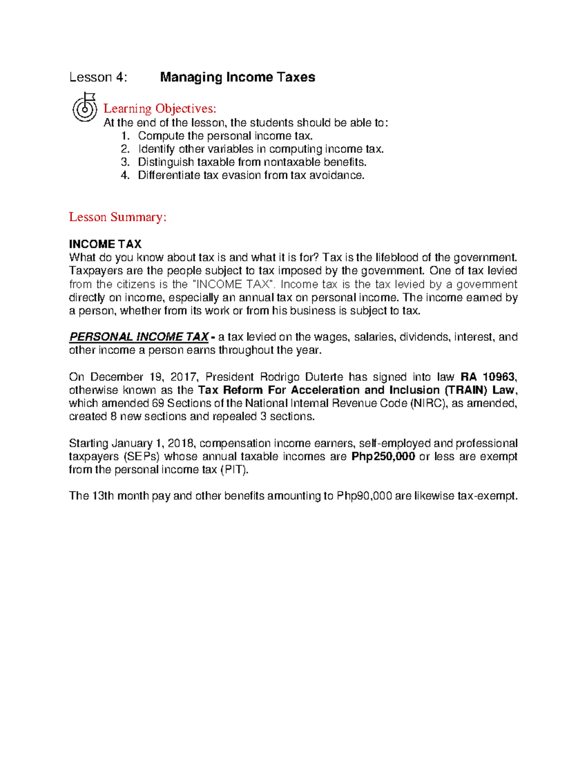 Lesson 4 Managing Income Taxes - Lesson 4: Managing Income Taxes ...