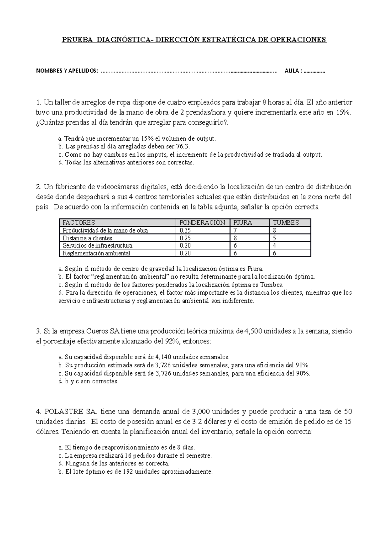 Sesión 01, Prueba de Entrada numero dos - PRUEBA DIAGNÓSTICA- DIRECCIÓN ESTRATÉGICA DE ...