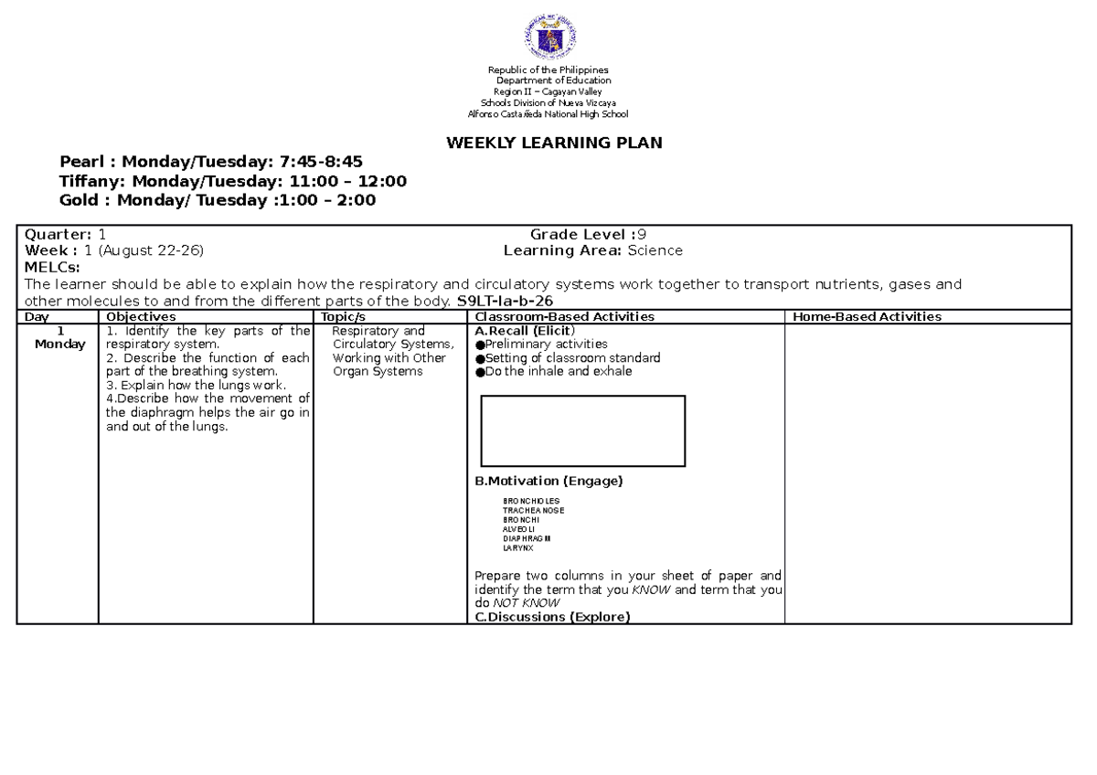 Weekly learning Plan Sci-Week1-2022 - Department of Education Region II ...
