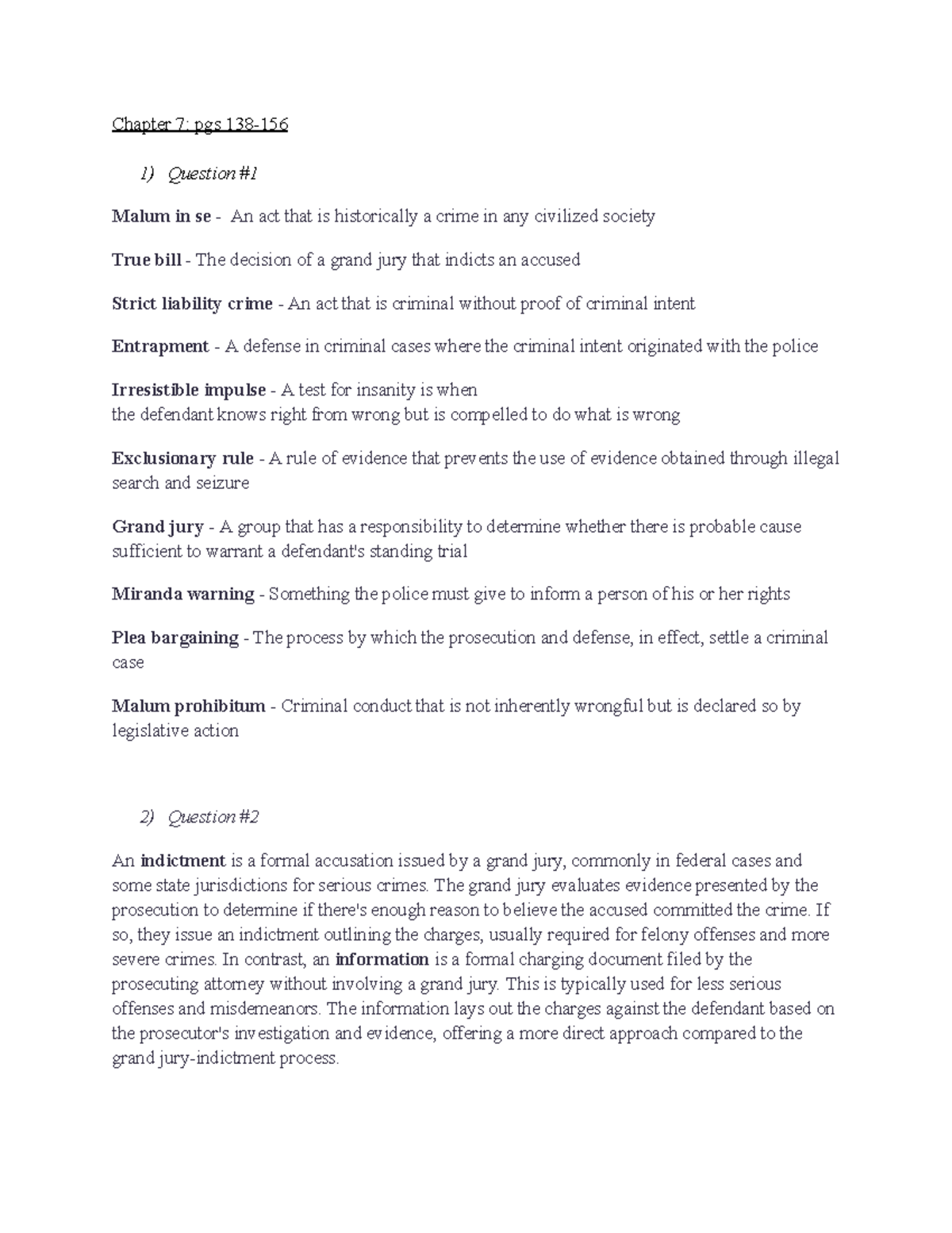 Module 5 Assignment 1 - Chapter 7: pgs 138- 1) Question # Malum in se ...