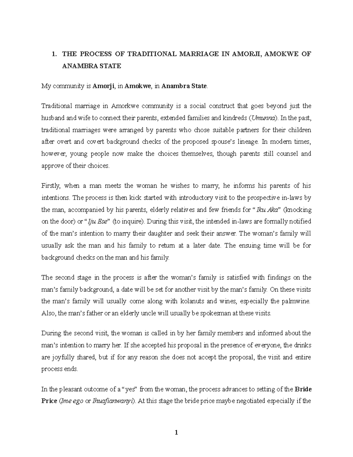 THE Process OF Traditional Marriage IN Amorji Chisom - 1. THE PROCESS ...