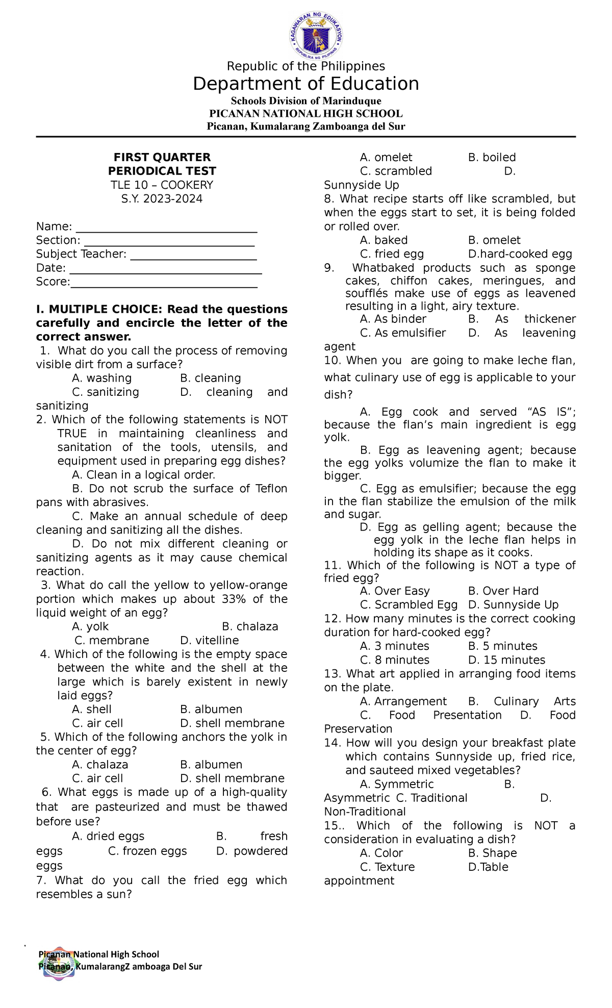 Periodical Test Quarter 1 - Republic of the Philippines Department of ...