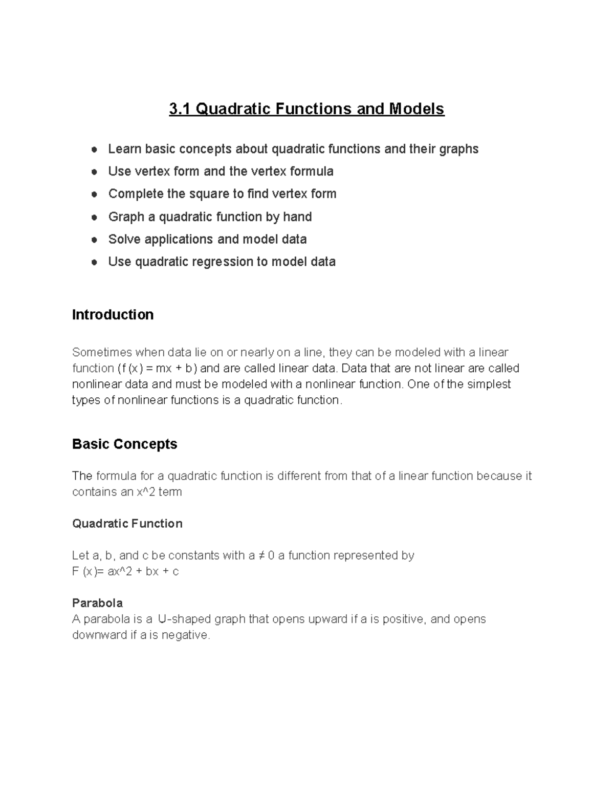 3.1 Quadratic Functions and Models - 3 Quadratic Functions and Models Learn basic concepts about ...