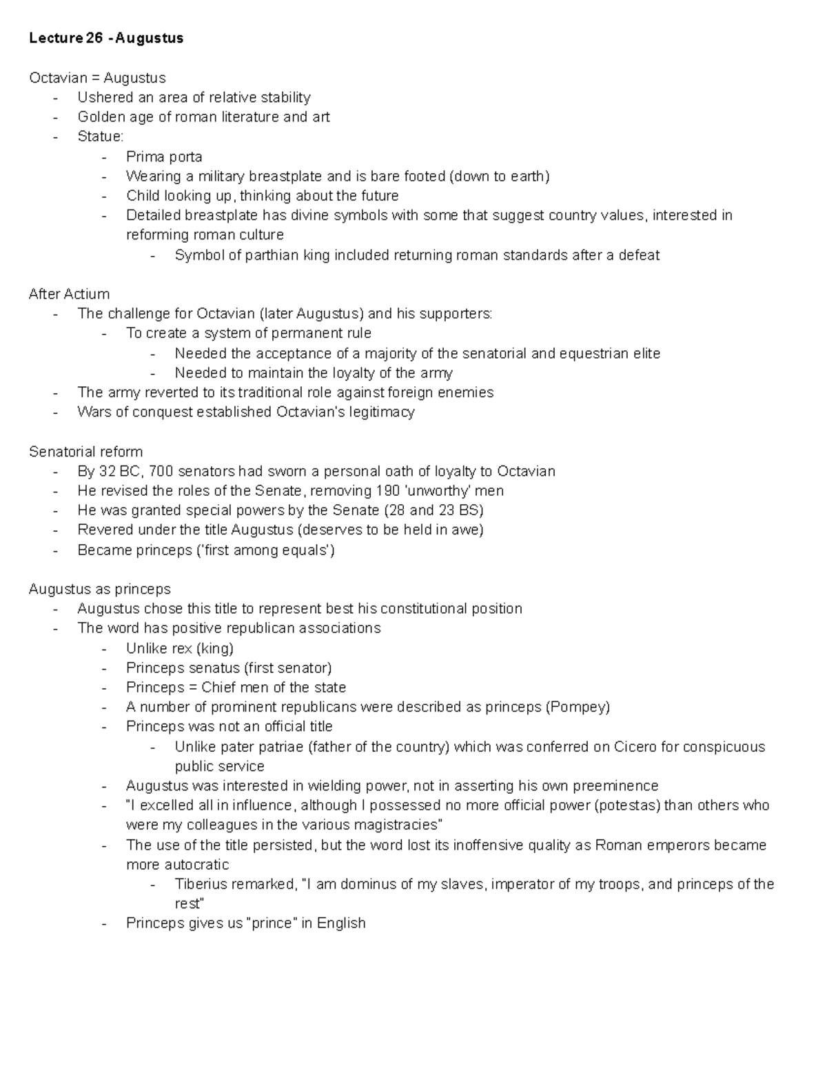 Classics - Test 4 - Detailed lecture notes - Lecture 26 - Augustus ...